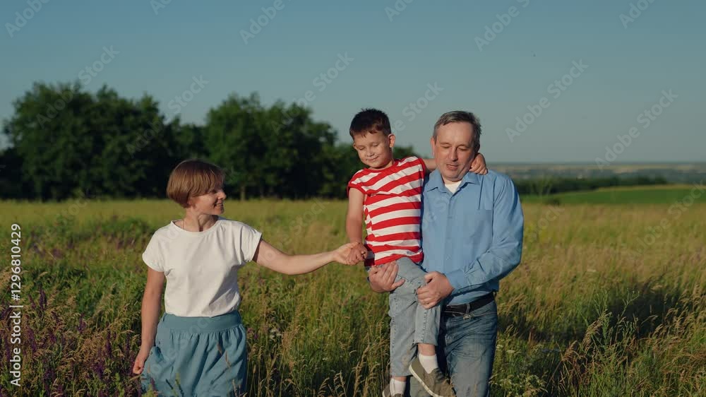 happy family teamwork, walking family walk outdoors, mother child kid ...