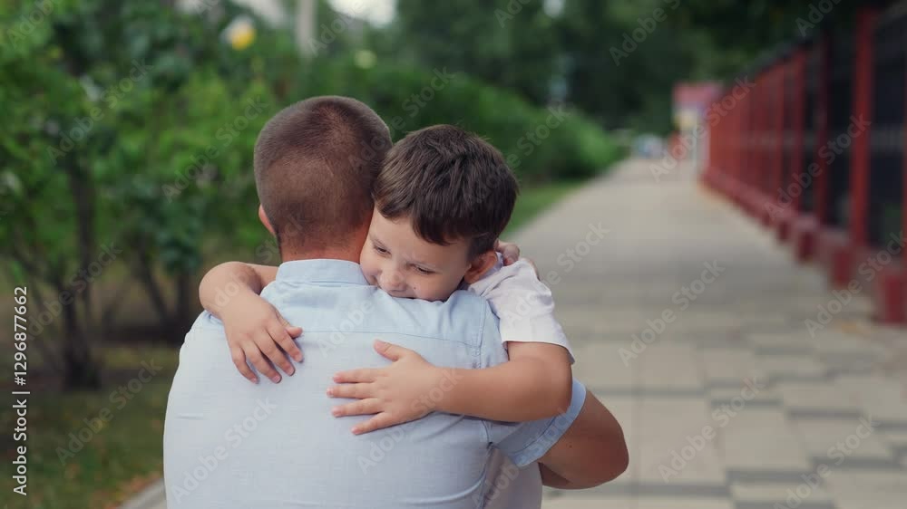 boy hugs father outdoors, happy family, father day, little child kid ...