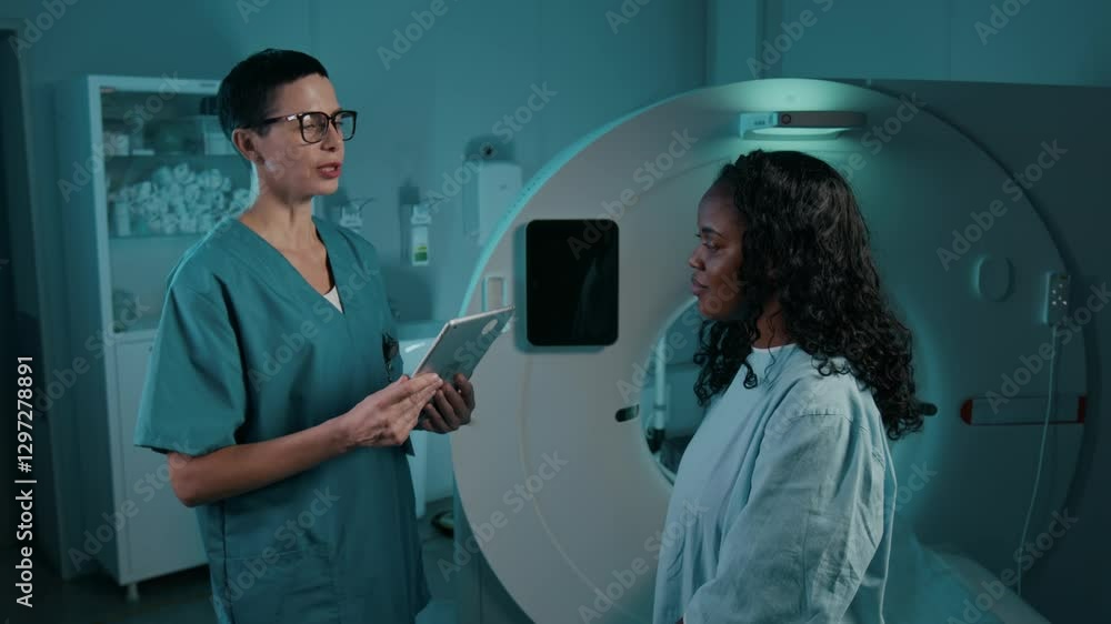 Medium shot of Caucasian female radiologist standing next to MRI ...