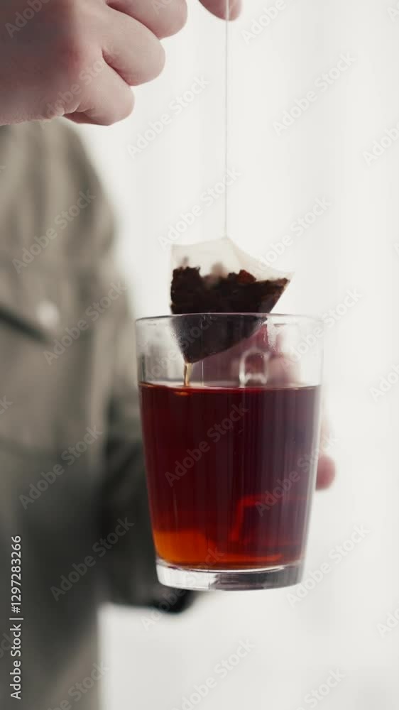 black tea in a tea bag. The process of morning tea drinking. A man puts ...