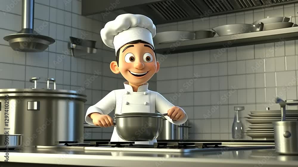 Animated chef joyfully stirring a pot in a modern kitchen filled with ...