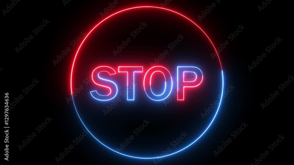 stop text icon animation neon glowing blue red color letter text font ...