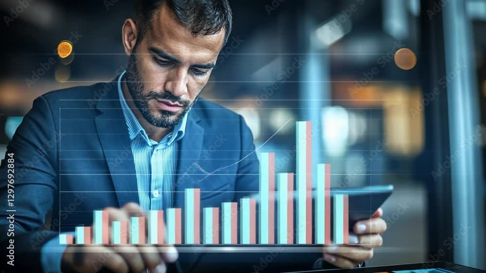 Financial Focus: A focused businessman, immersed in data analysis ...