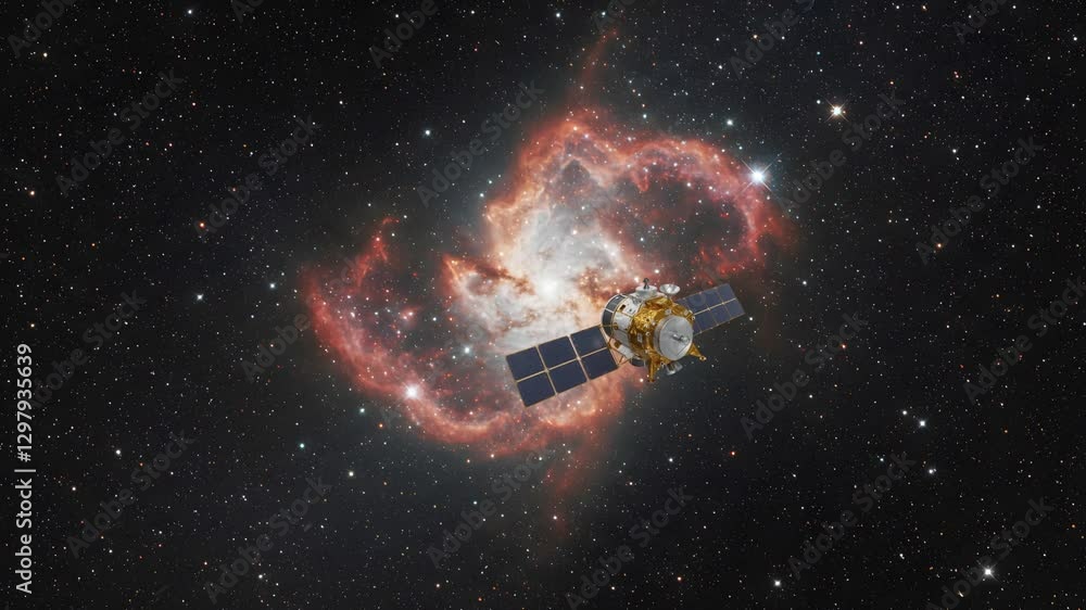 Spaceship flying through clouds and star field in open space. Flight ...