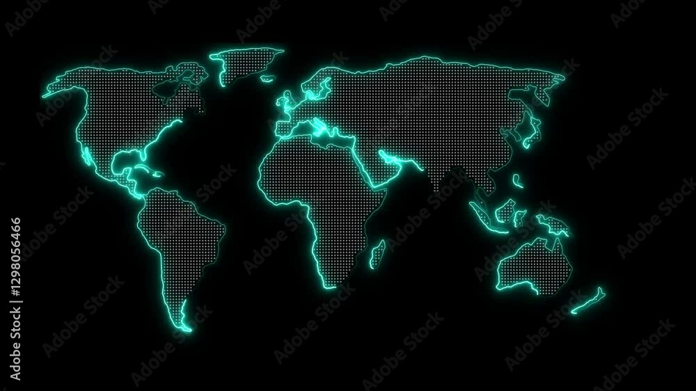 Digital Technology World Map Animation. Glowing Connections in Global ...
