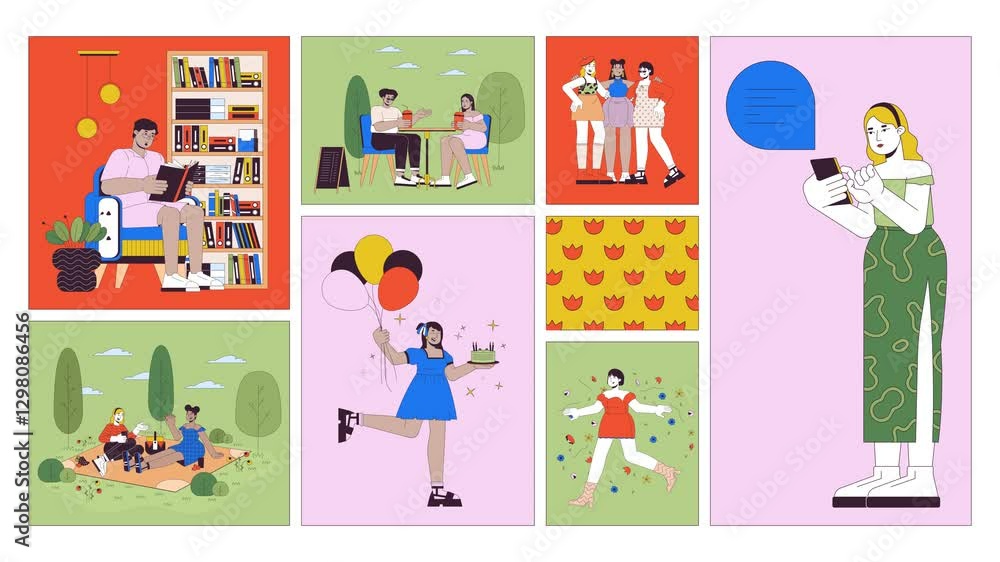 Diverse body positive people engaging in leisure activities animated ...