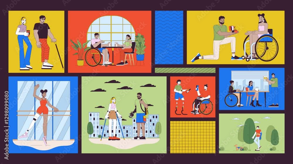 Inclusive and adaptive lifestyle animated bento grid layout. Diverse ...