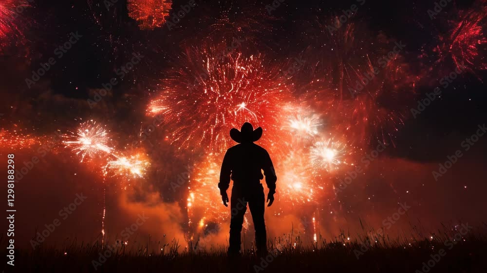 The silhouette of a cowboy standing against a brilliant display of ...