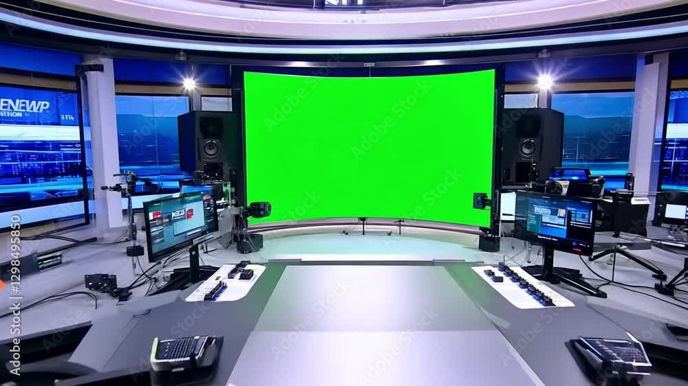 "News Studio: A state-of-the-art news studio featuring a modern, curved ...