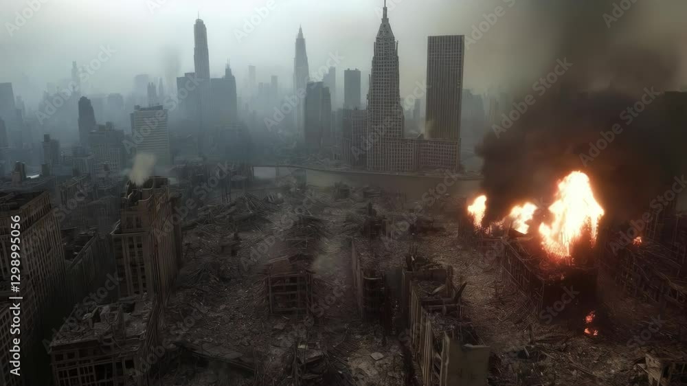 Devastated city lies in ruins, with smoke rising from burning buildings and skeletal skyscrapers ...