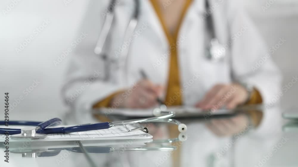 Stethoscope and medication history records form are on a glass table ...