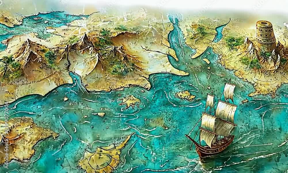 Sailing ship navigates a sea route amidst islands, continents and ...