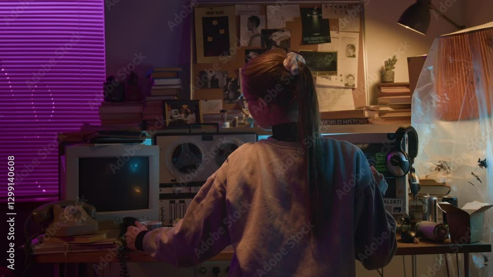 Vidéo Stock Back view of young female hacker stretching arms and back ...