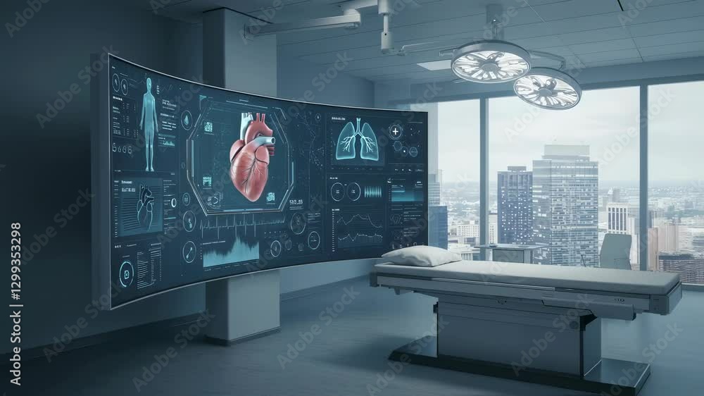 Modern operating room with futuristic medical display showing 3D heart ...
