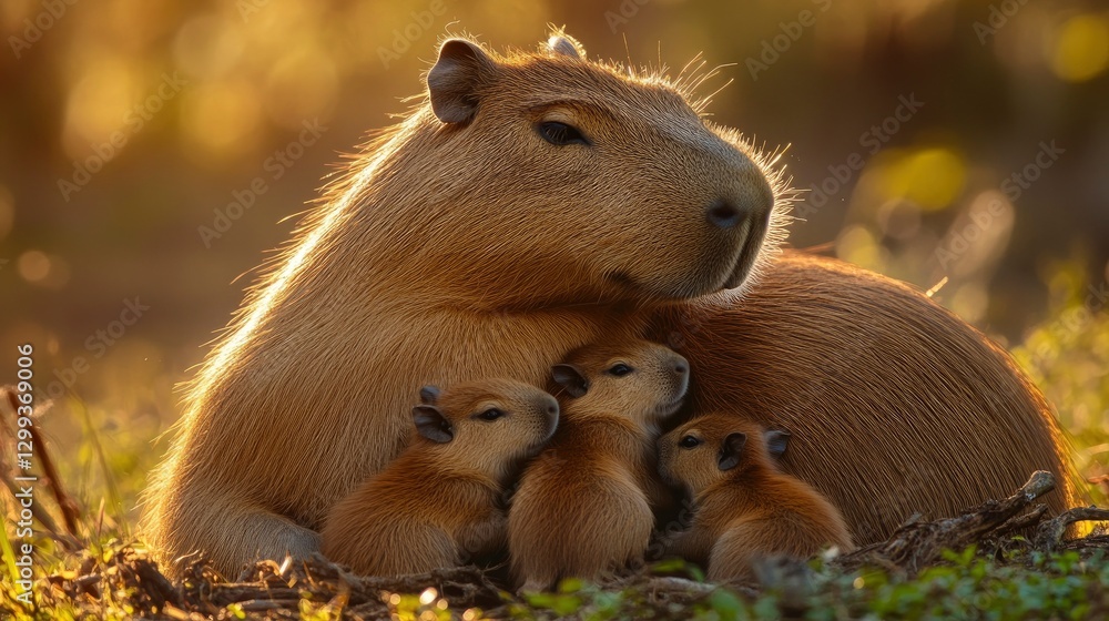 Poster Capybara family bonding in nature animal behavior wildlife ...