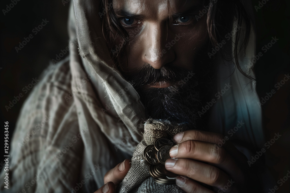 Poster Judas Iscariot the Traitor clutching silver coins in a ...
