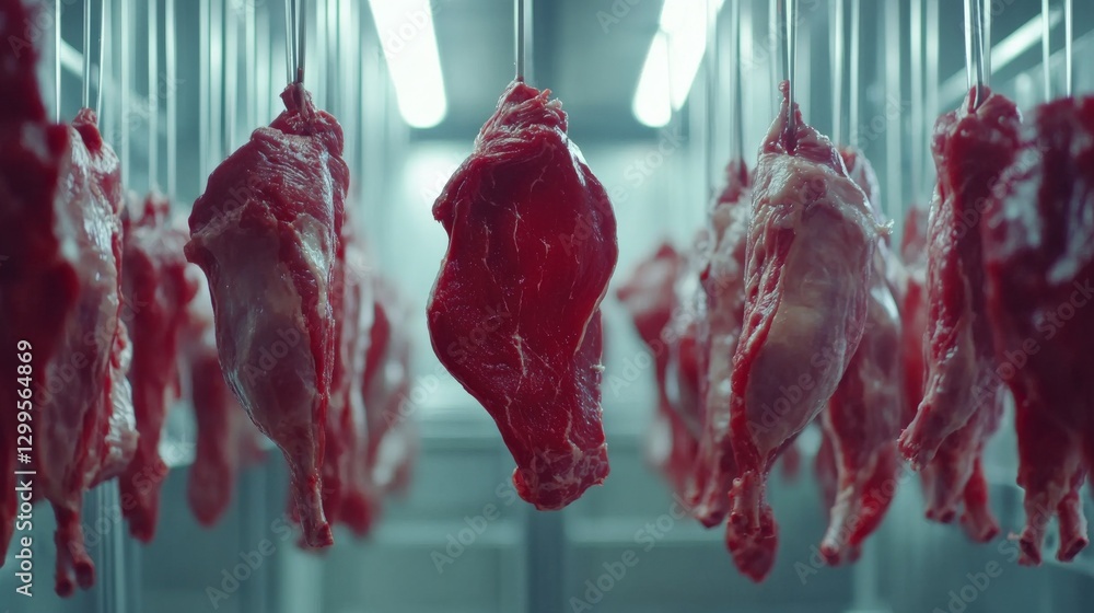 Poster Fresh cuts of meat hanging in a modern refrigerated facility ...