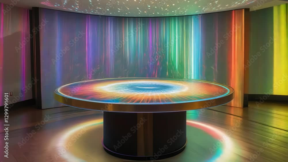Futuristic round table with interactive surface displays changing ...