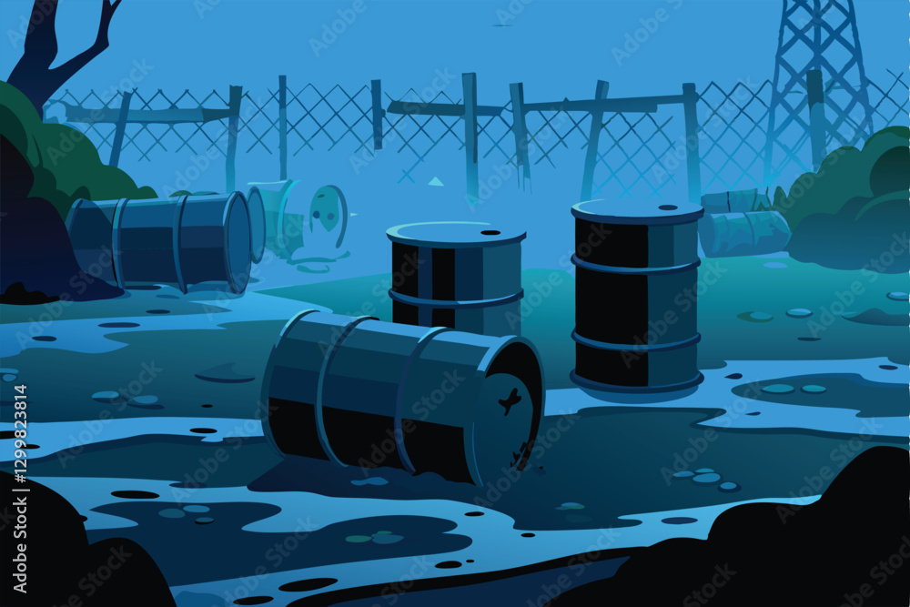 Poster A desolate landscape depicting a toxic waste dumping ground ...