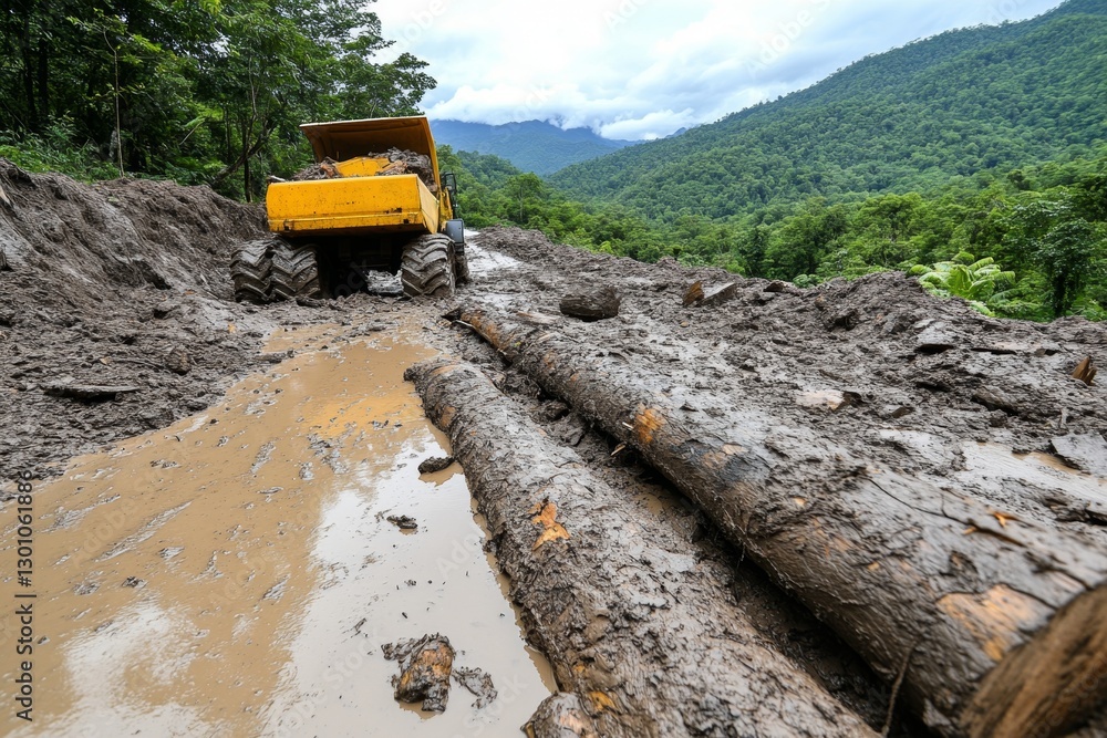Poster A massive landslide in a rainforest, with uprooted trees and ...