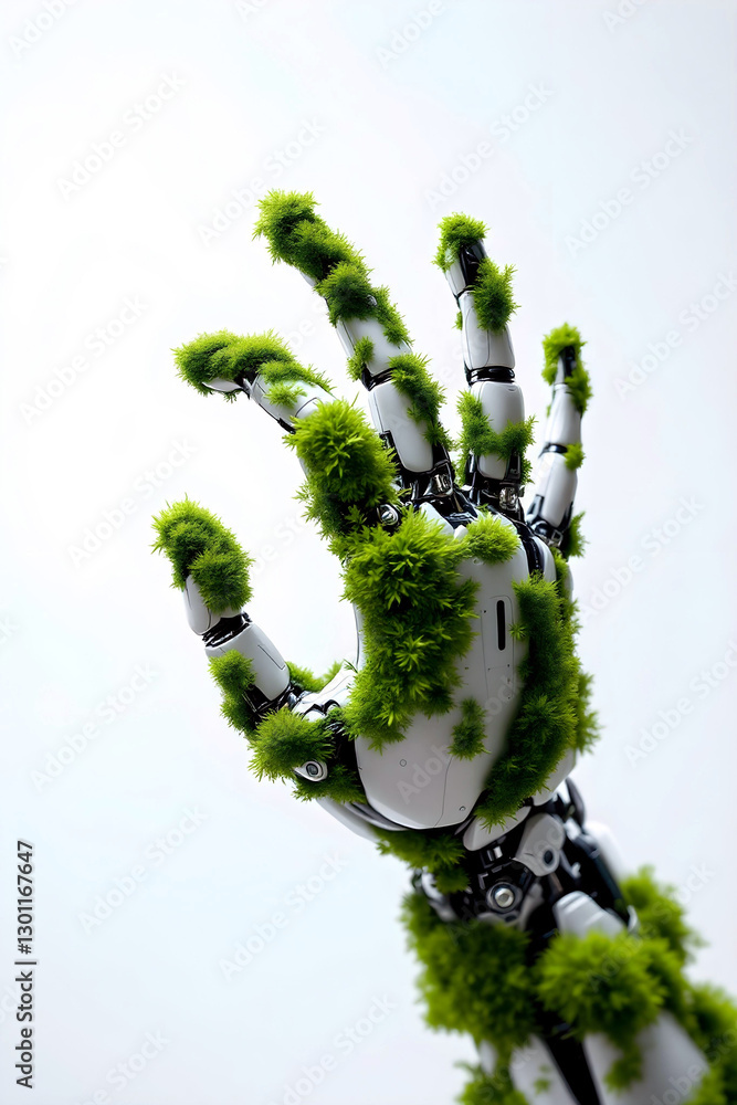 Green Robotic Hand – Nature and Technology Fusion Concept Illustration ...