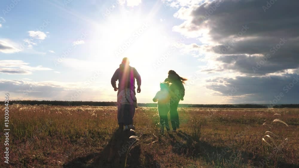 child mother father, big happy family run sunset, take hand, run group ...