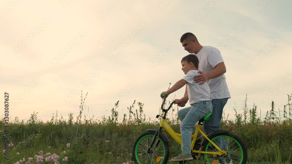 boy beloved father learning ride bike, family bike ride outdoors, man ...