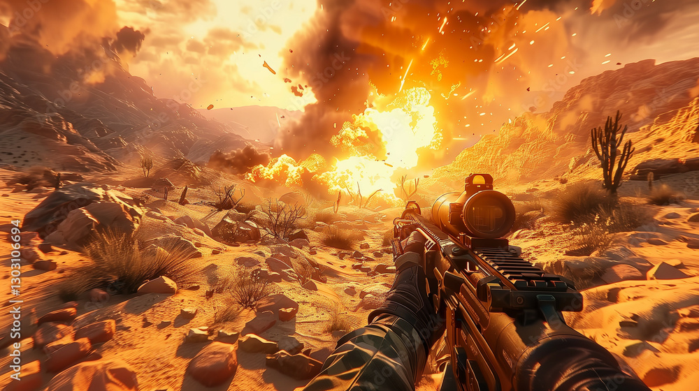 Poster A dynamic video game scene depicting a first-person perspective ...