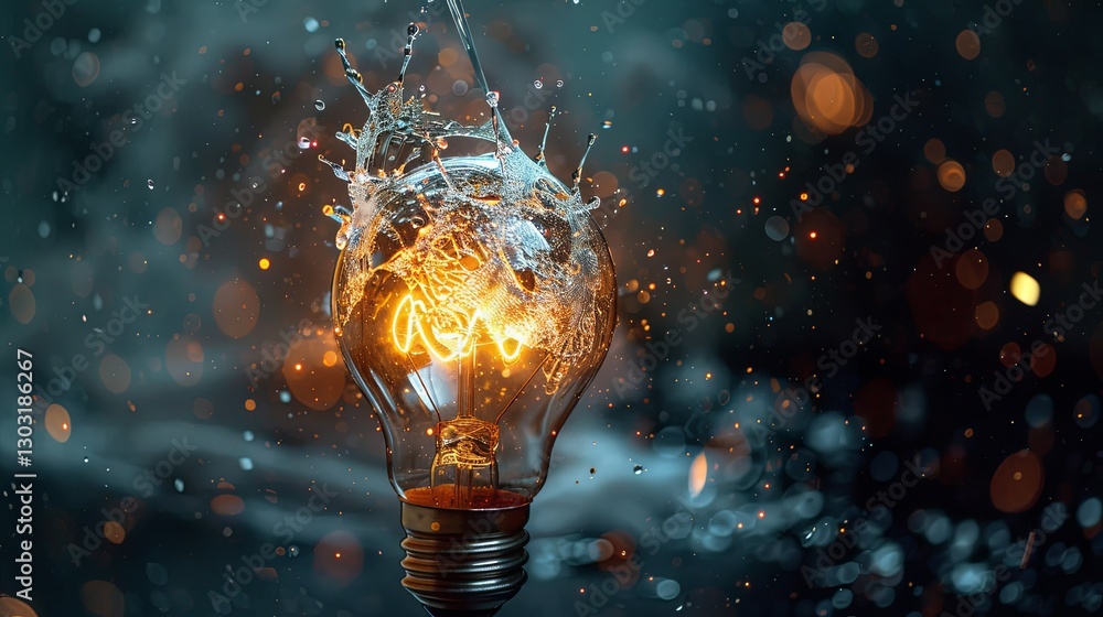 Poster Bright electric light bulb shattered by water splashing ...