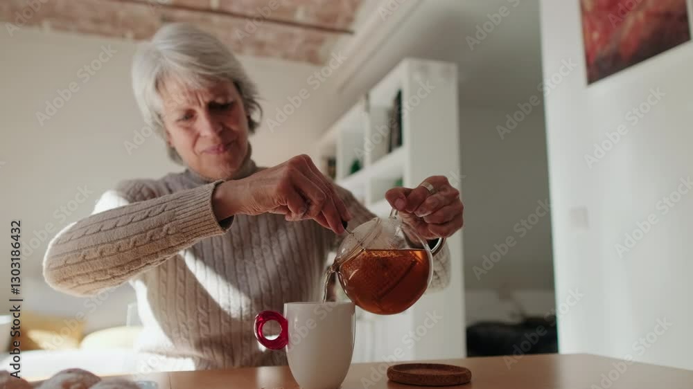A senior woman pours tea from a glass teapot at her home. She's making ...