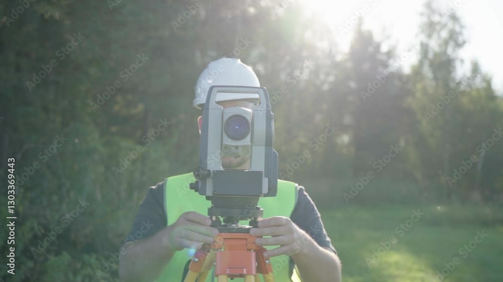 A surveyor with equipment works on a sunny day. complex of geodetic ...