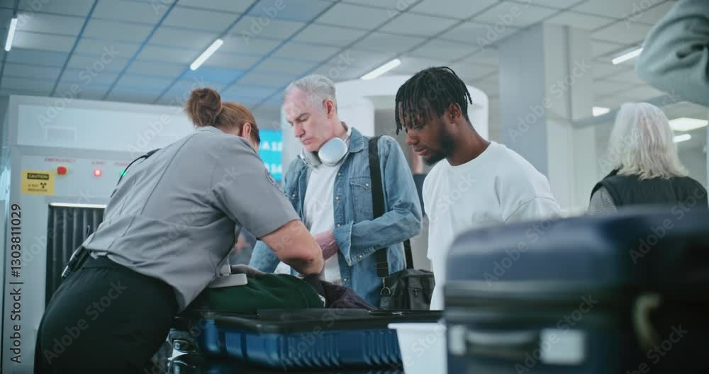 Security Checkpoint in Airport Terminal: Female TSA Worker Inspecting ...