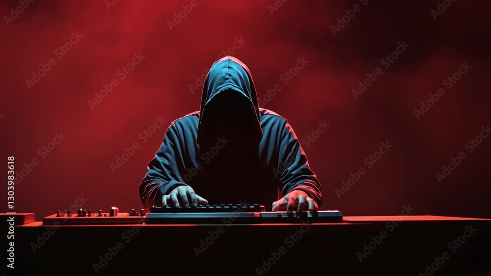 Cyberpunk Hacker: A mysterious figure shrouded in darkness, hunched ...