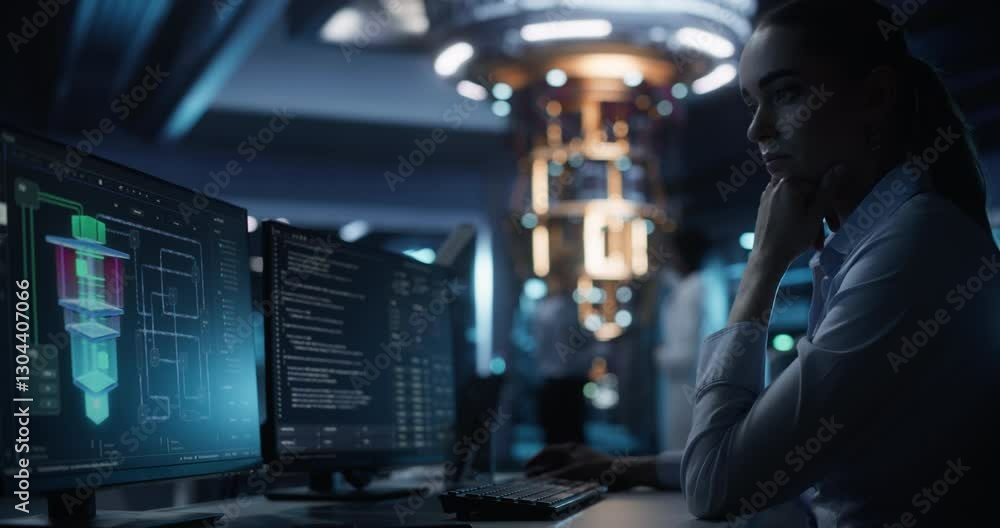 Smart Female Engineer Working Behind a Desk on a Computer. Scientist Optimizing Software Code of ...