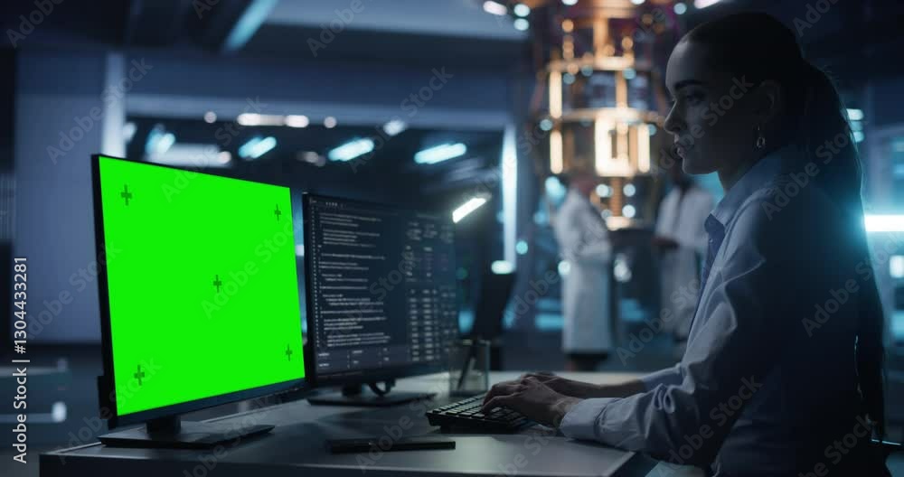 Caucasian Female Programmer Working on Desktop Computer with Green Screen Mock Up Display in a ...