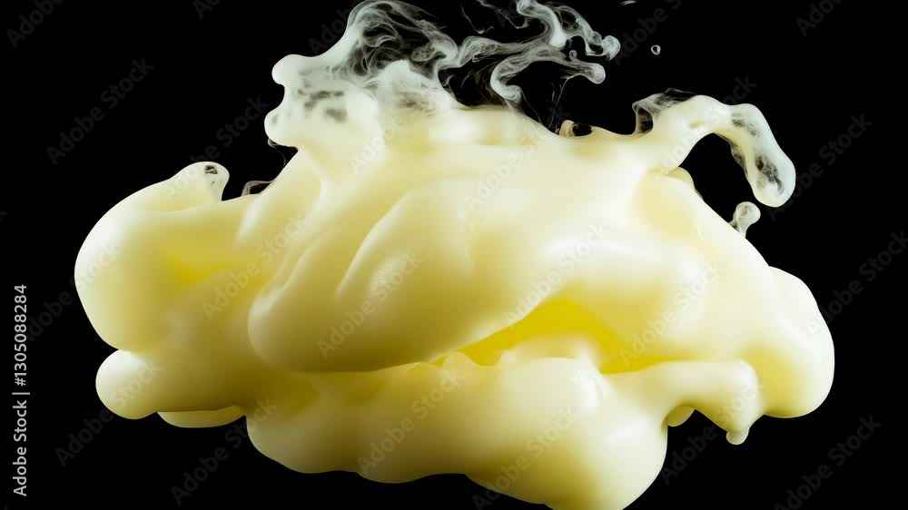 of yellow liquid in motion with steam and texture in dark setting Stock ...