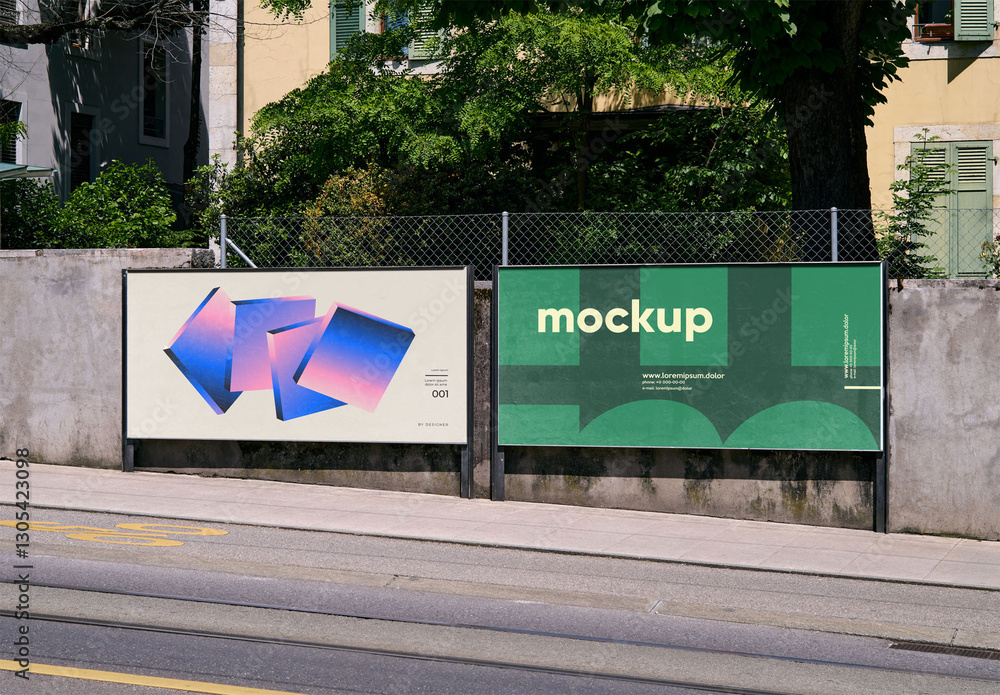 Mockup Of Two Horizontal Customizable Posters On Wall Stock Template ...