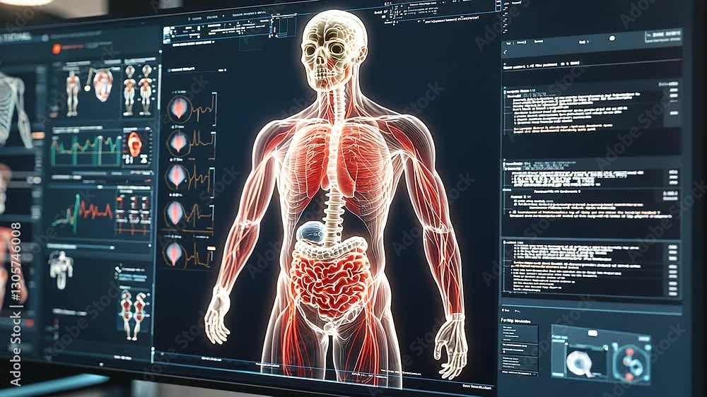 Depict a digital 3D model of the human body, with labeled anatomical ...