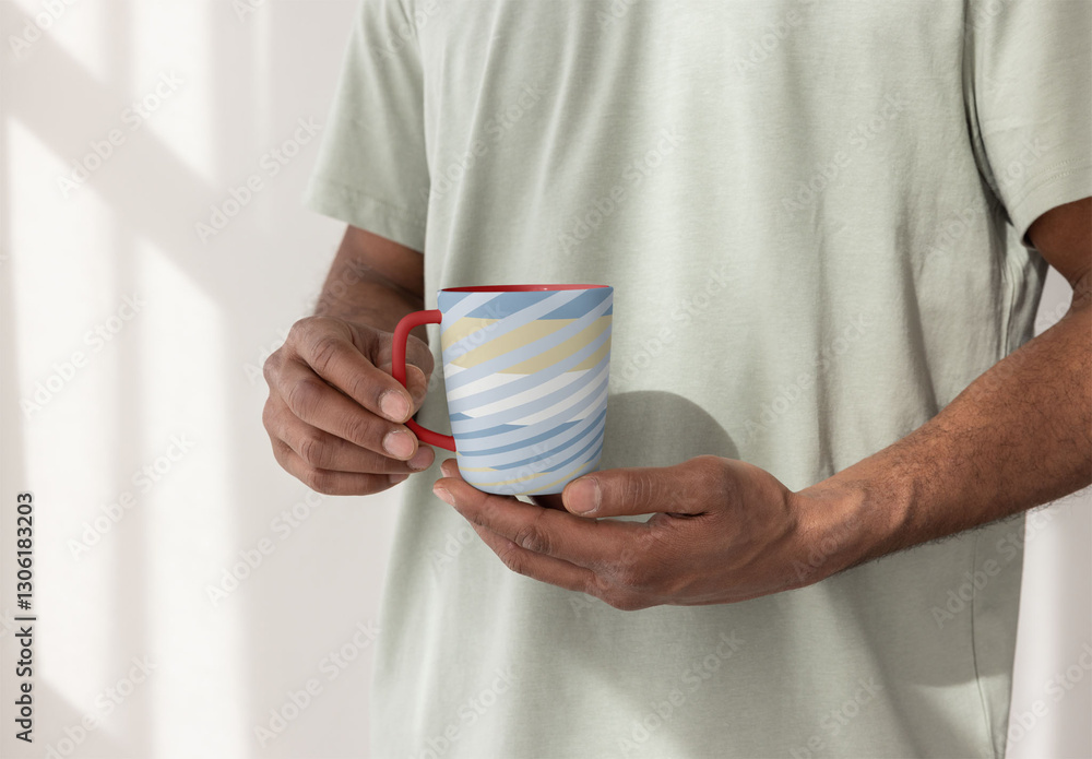 Crafted ceramic mug with handle held by a man. PSD template mockup ...