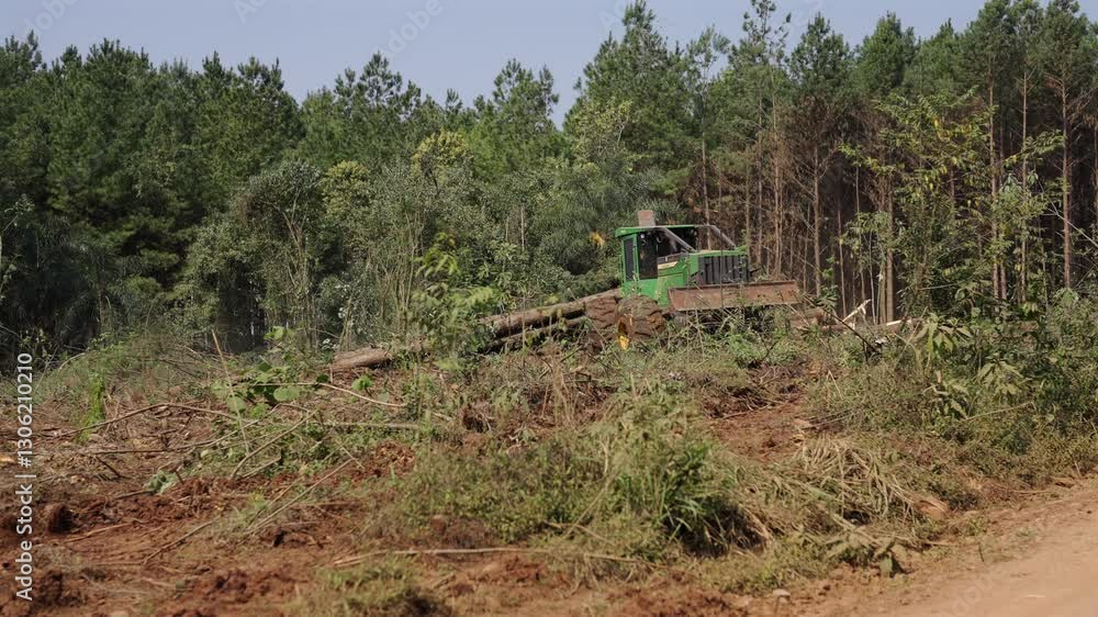 Forestry machines operating in a plantation, clearing trees and ...