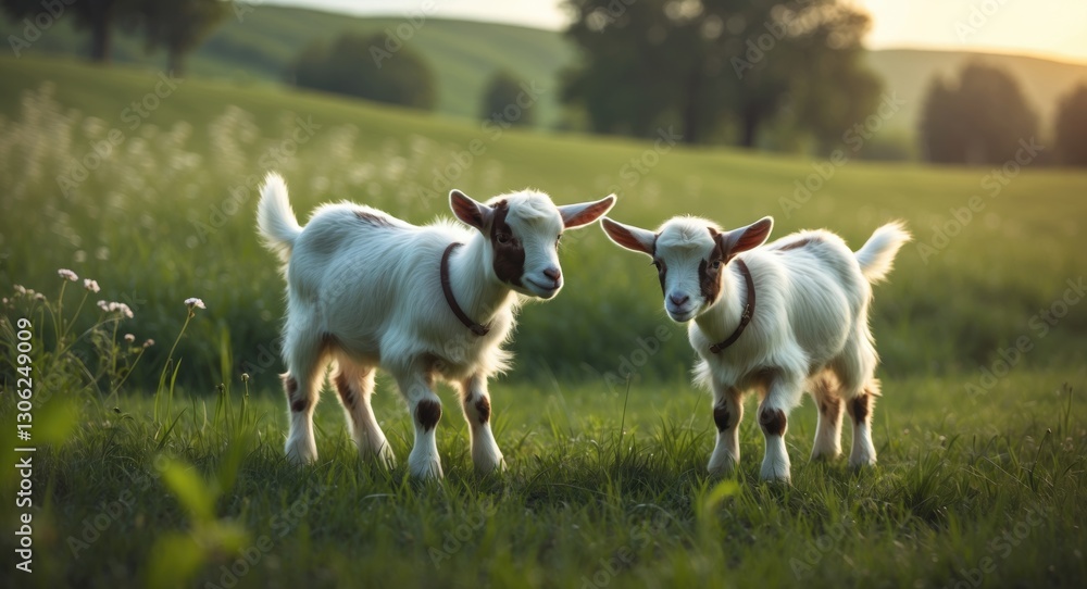 Poster Young goats feasting in a pasture at a goat farm – Wall Art ...