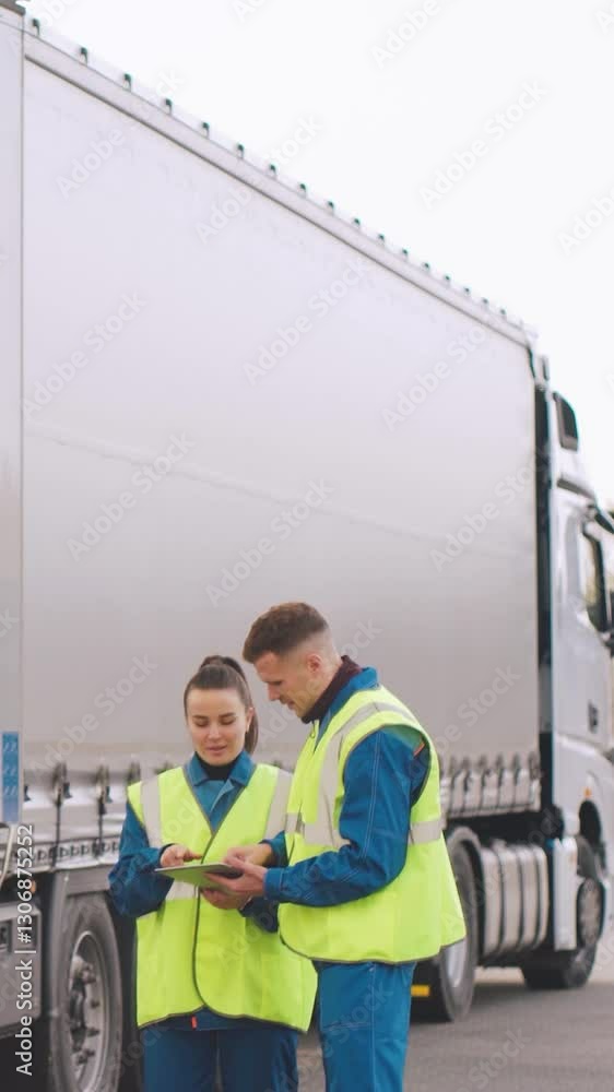 Outdoors, the truck driver and assistant driver check the cargo on the ...