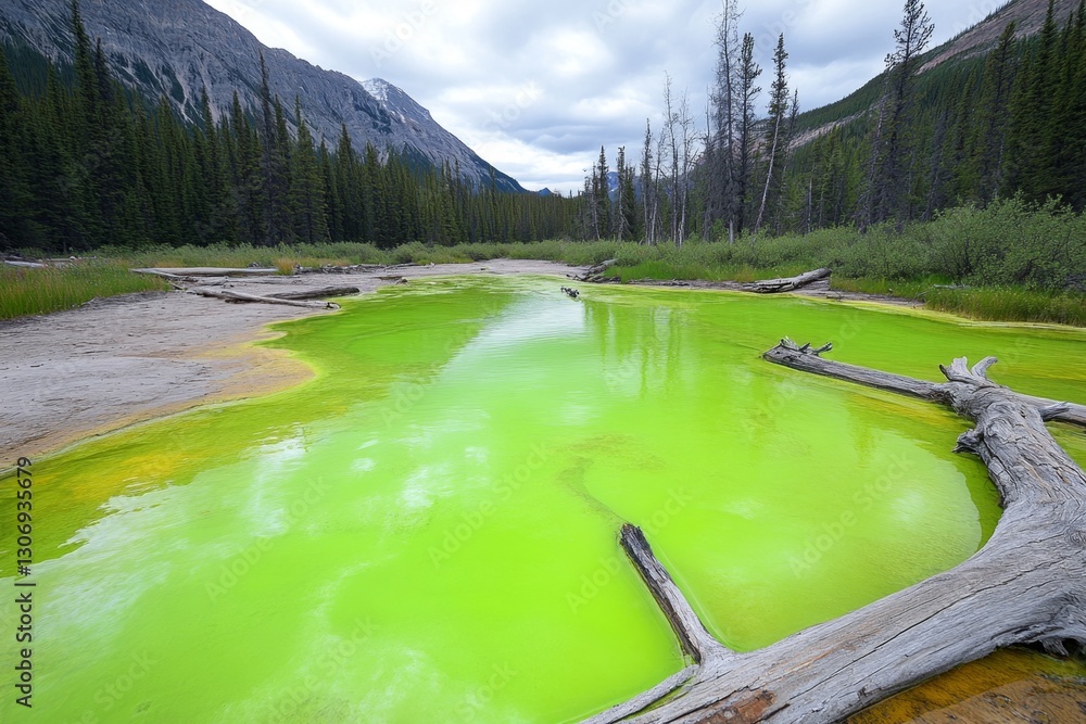 Photo A cursed lake glowing an unnatural green, surrounded by dead ...