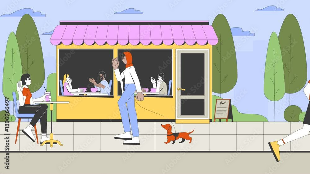 Lively street scene with cozy cafe outdoors 2D cartoon animation ...