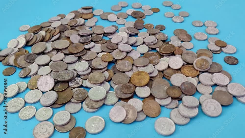 A single coin falls in slow motion onto a pile of Pakistani metal coins ...