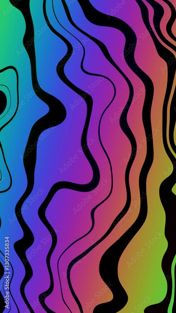 Vibrant holographic neon wave pattern with black lines. Modern ...