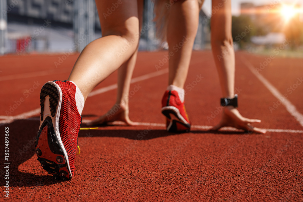 Póster Female athlete at the starting line of a sprint race, wearing ...