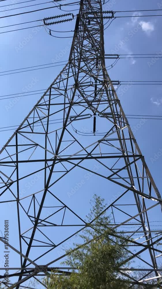 Close up bottom view electricity overhead power lines on blue sky in ...