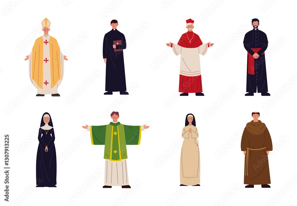 Colorful Catholic Religious People Illustration Set Stock Template ...