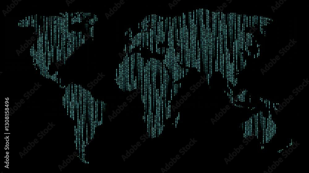 Blue Neon Binary Code World Map Animation: Futuristic Digital Globe, Tech Background, Data ...